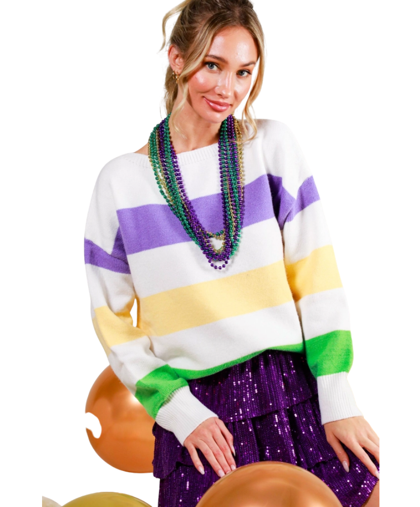 Mardi Gras Color Block Boat Neck Knitted Sweater – Shades Sunglasses